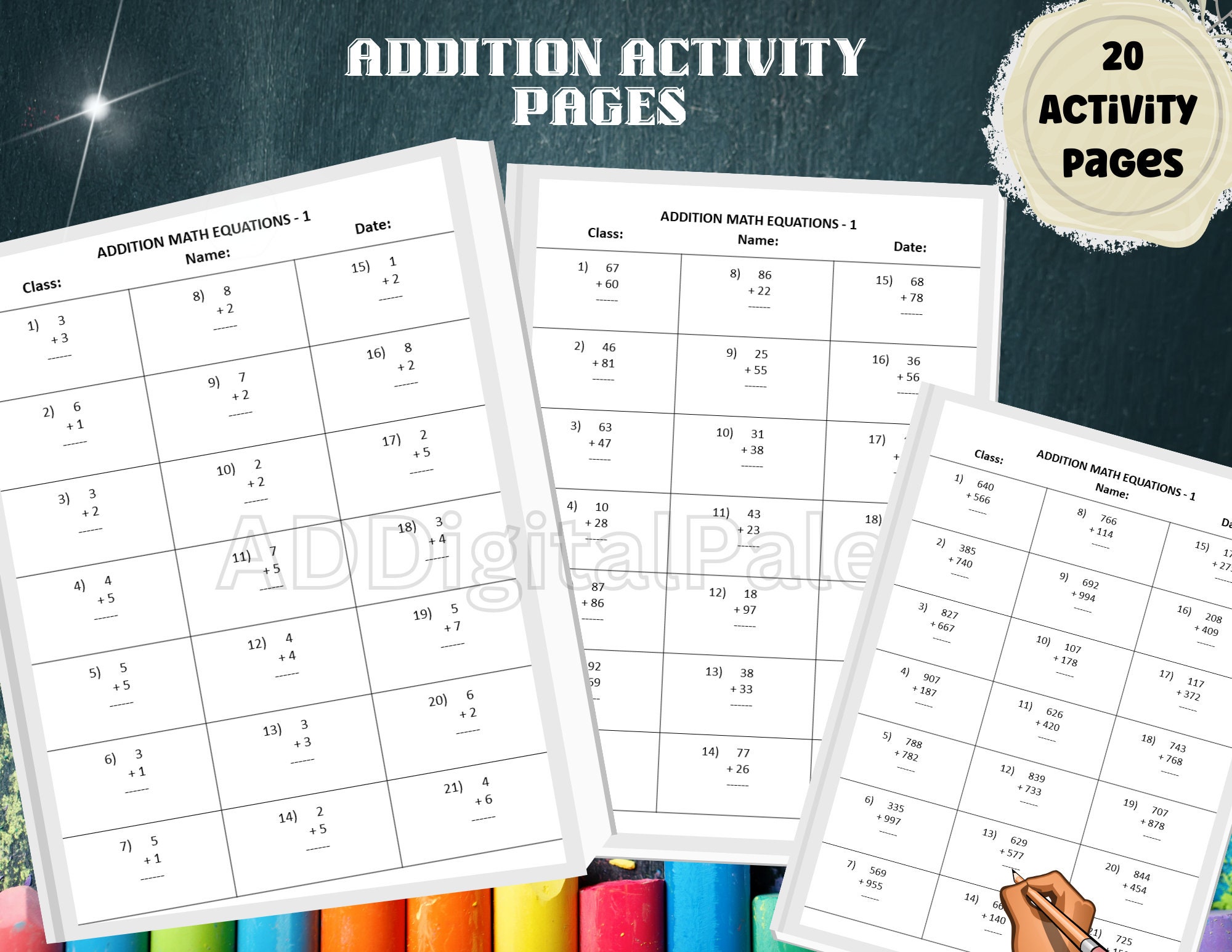 Twenty (20) Addition Activity Worksheets, Addition Digital Download ...