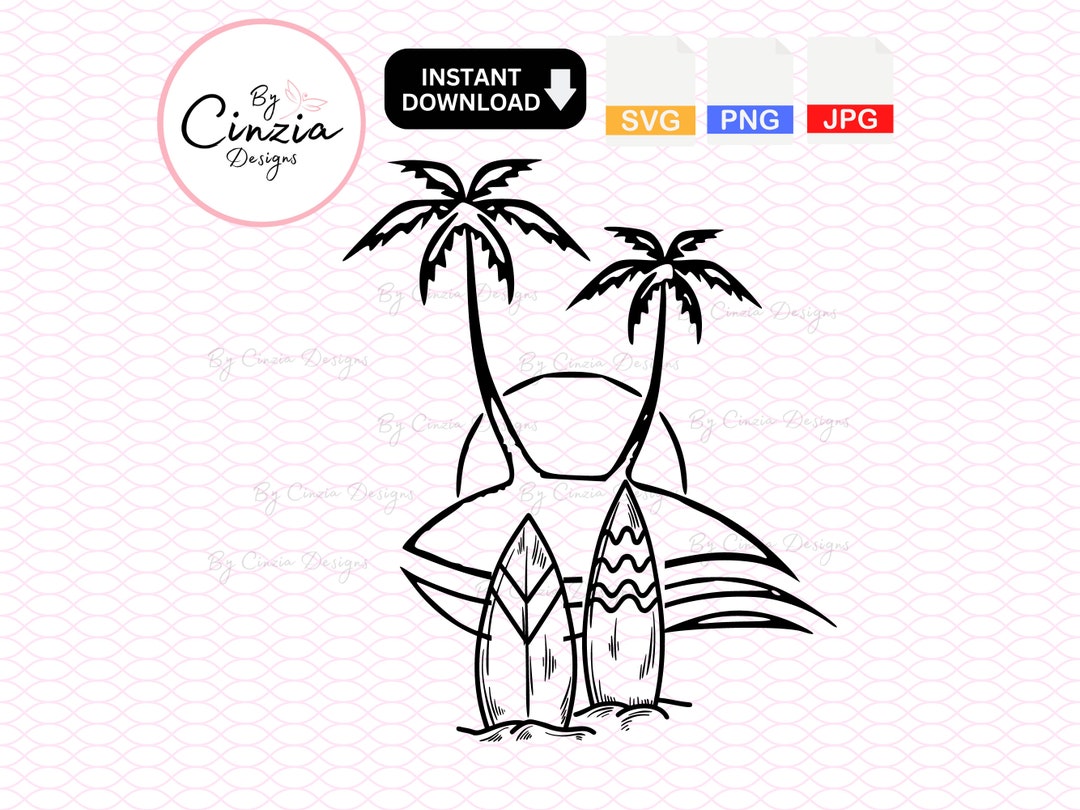 Surfboard and Palm Tree on the Beach Svg for Tshirt, Tote Bags, HTV ...