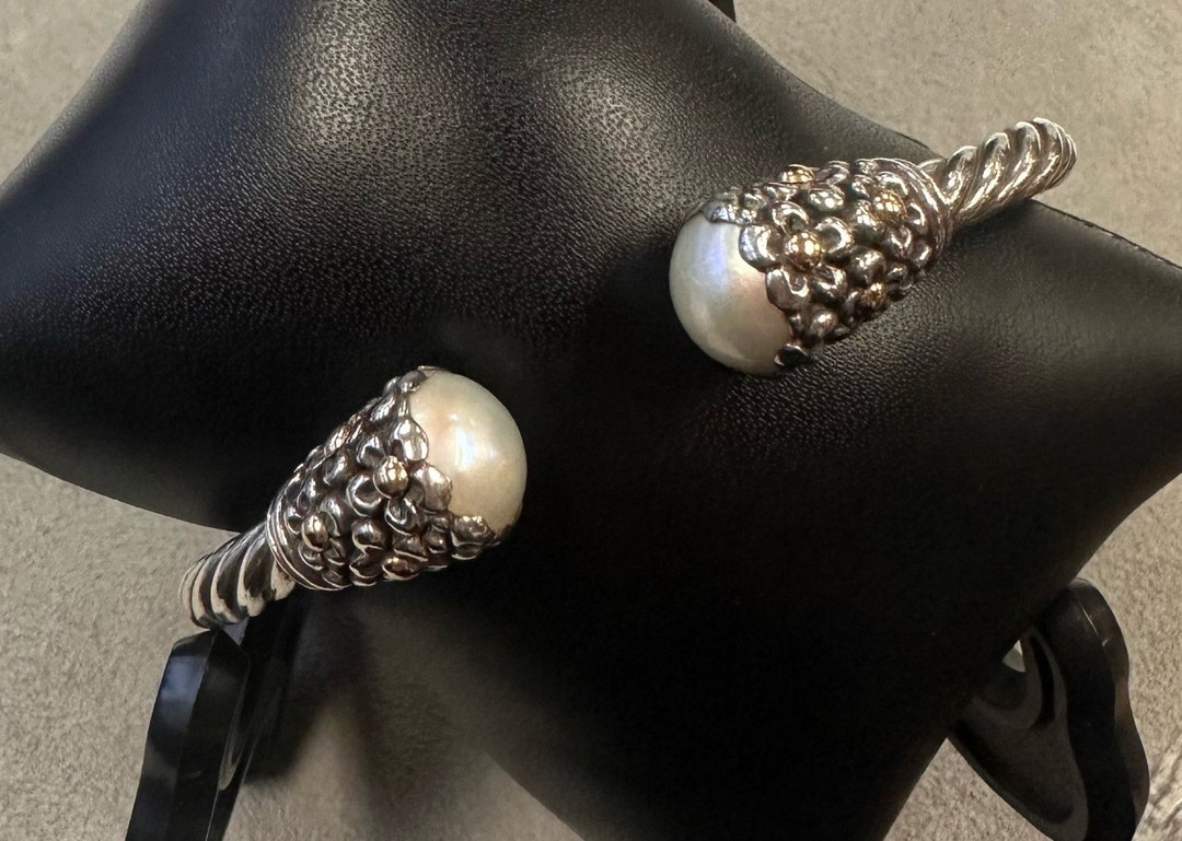 Samuel Benham Sterling Silver 18K Gold Pearl Rope Hinged Cuff Bracelet ...