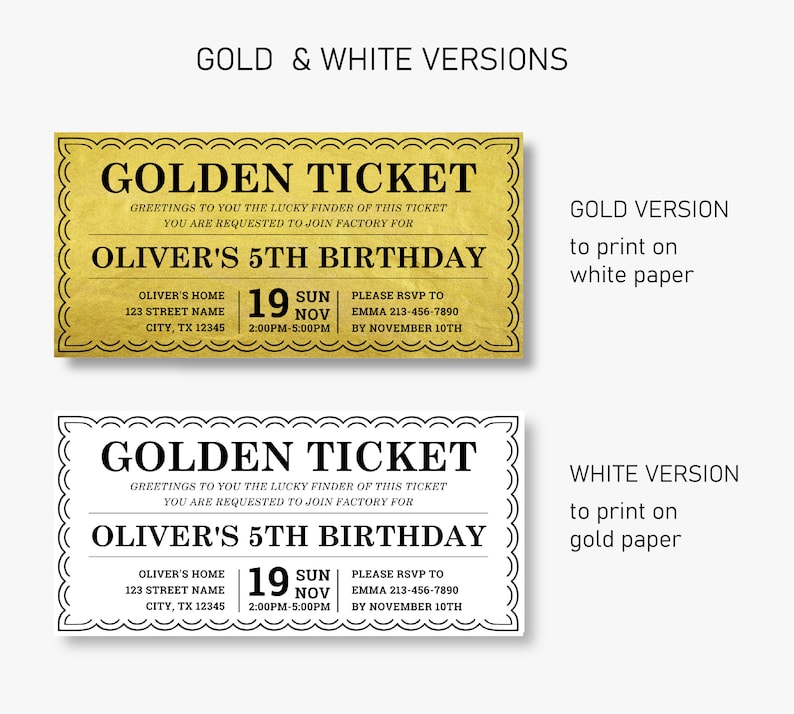 Golden Ticket Invitation Printable Template Willy Wonka Birthday ...
