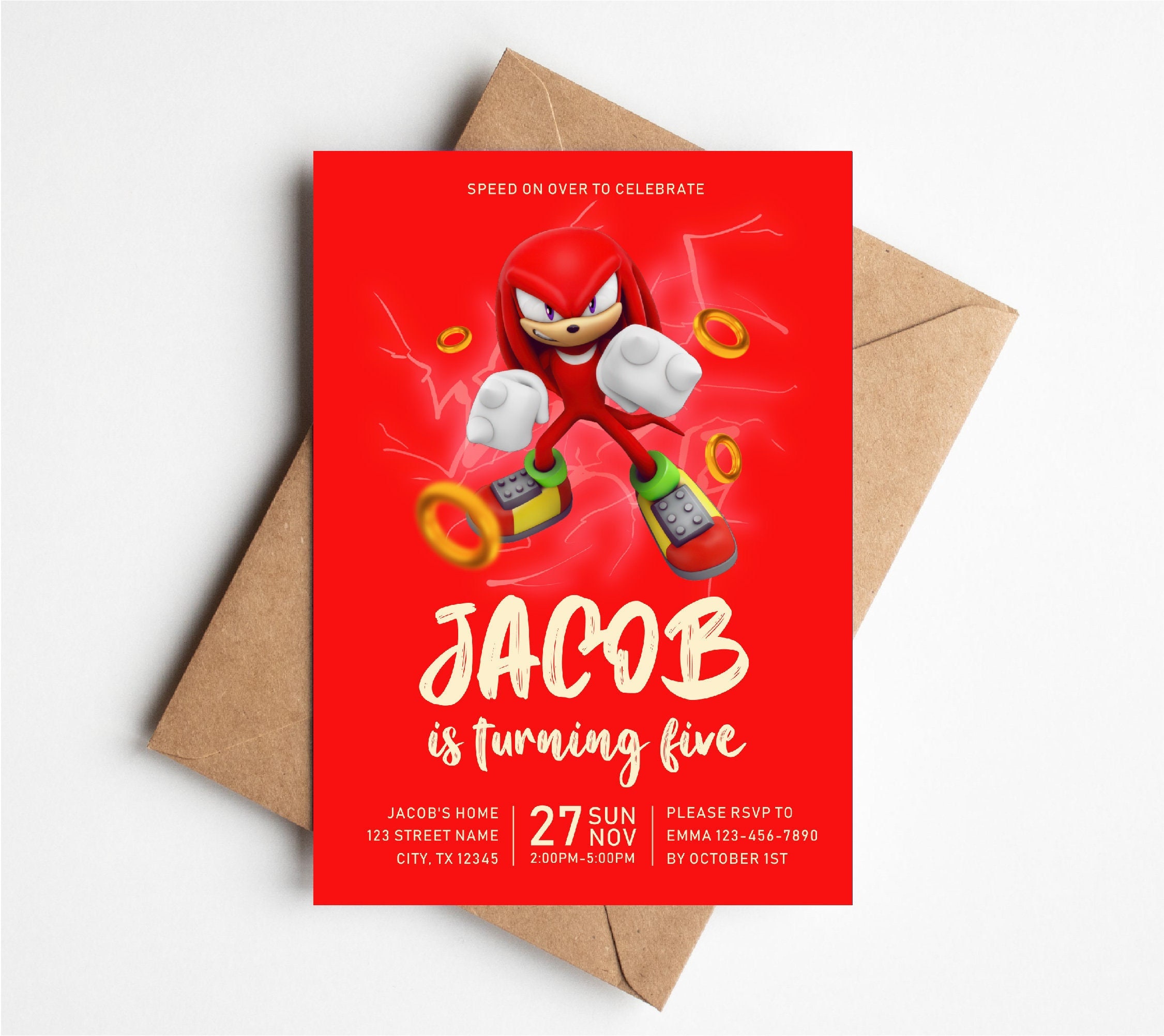 Editable Knuckles Birthday Invitation - Sonic Party Invite Template ...