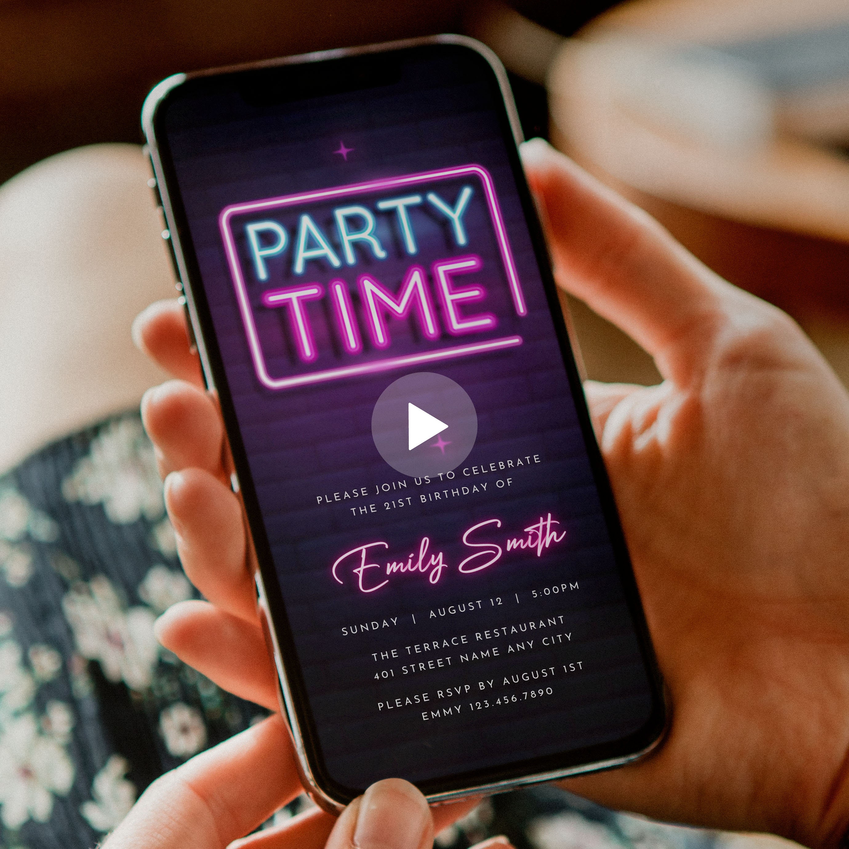 Digital Neon Birthday Invitation Party Time Mobile Invite Electronic ...