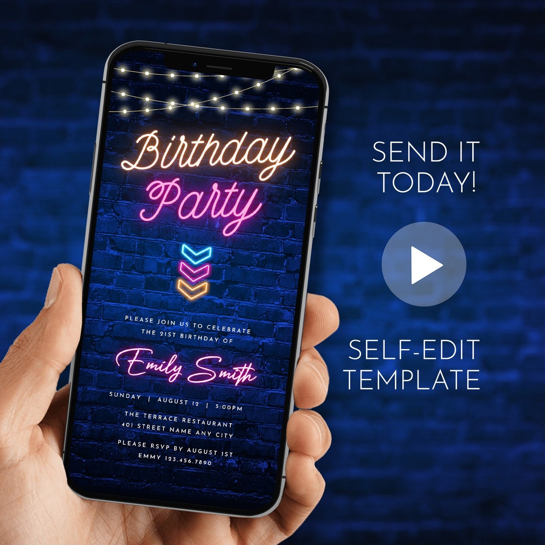 Digital Birthday Party Invitation - Neon Mobile Invite - Electronic ...