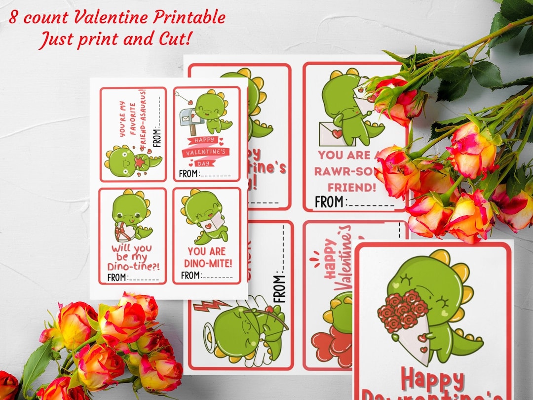 PRINTABLE Dinosaur Valentine's Day Cards, Dino Printable Valentines ...
