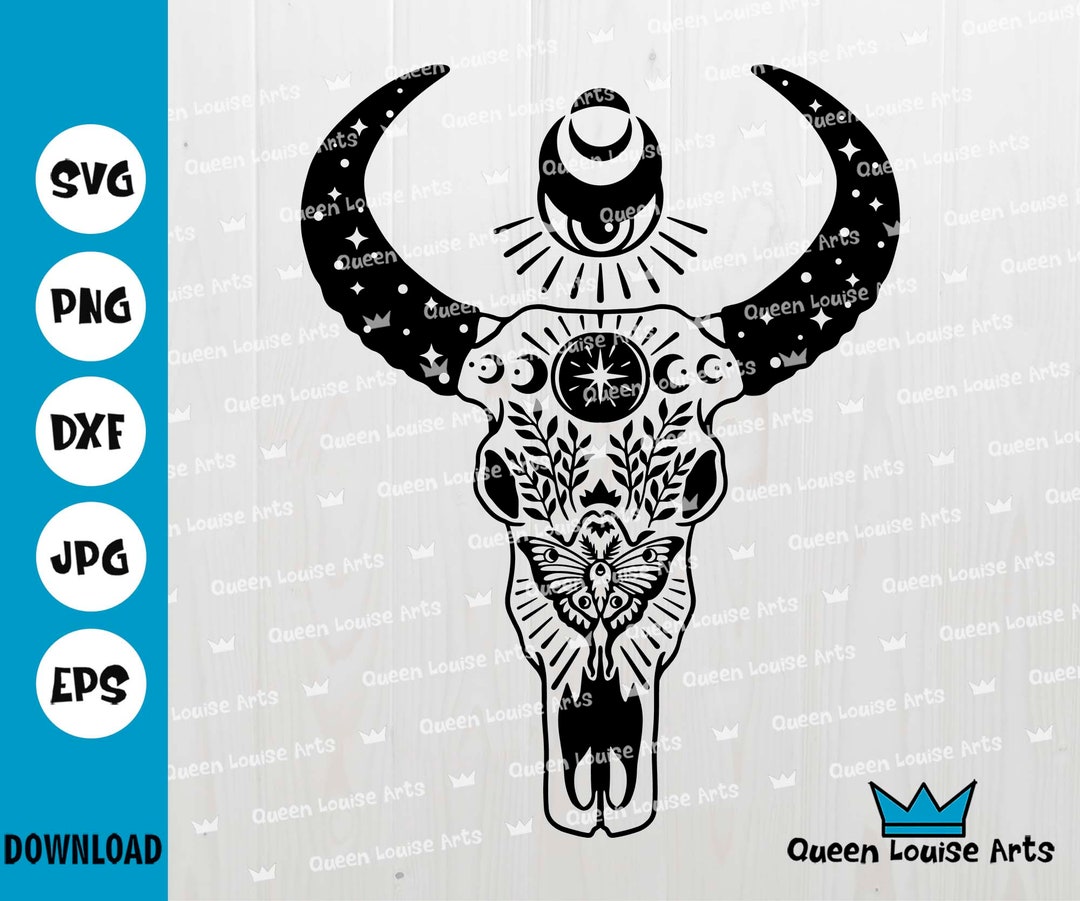 Mystical Bull Skull With Moth Svg,magical Cow Skull Svg Png Dxf Files ...