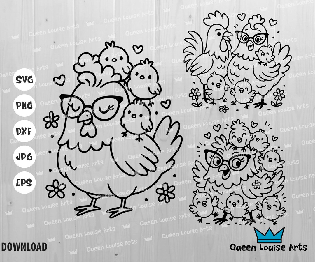 Mother Hen Svg, Chicken Family Png, Cute Chick Dxf Line Art Spring ...