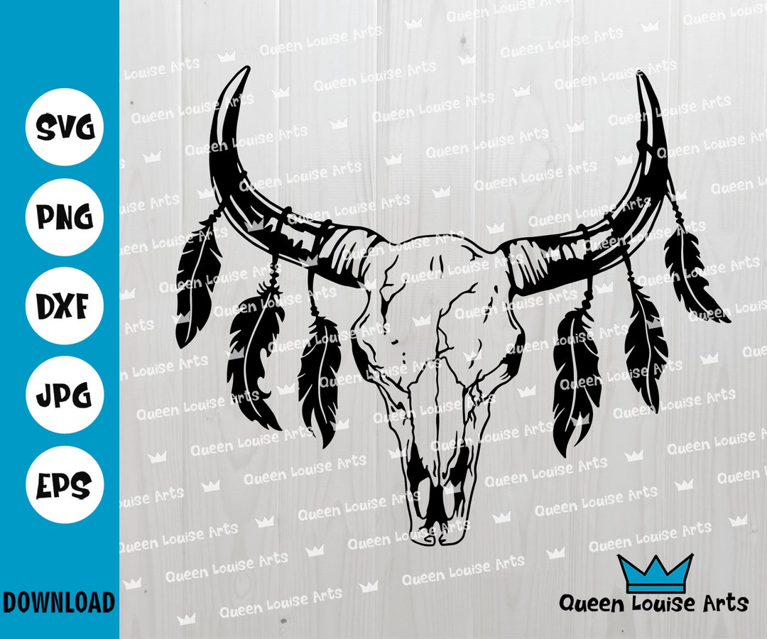 Bull Skull With Feathers Svg, Cow Skull Svg Png Files Dxf Stencil ...