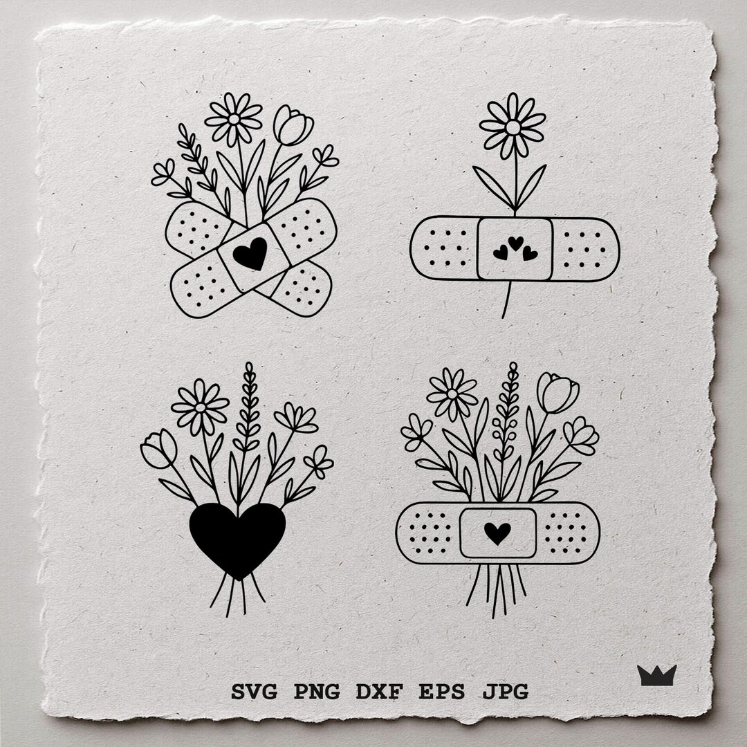 Healing Flower SVG Bundle Heart Bandage Line Art Tattoo Clipart Boho ...