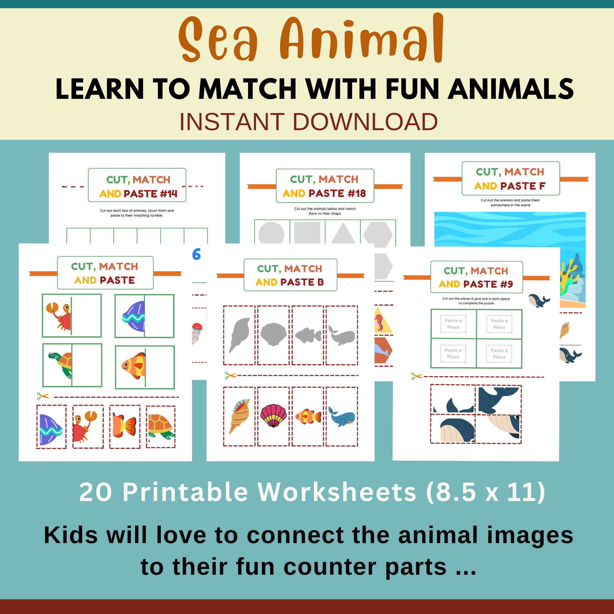 Sea Animal Cut and Paste Worksheets | Prek Kindergarten Printable ...