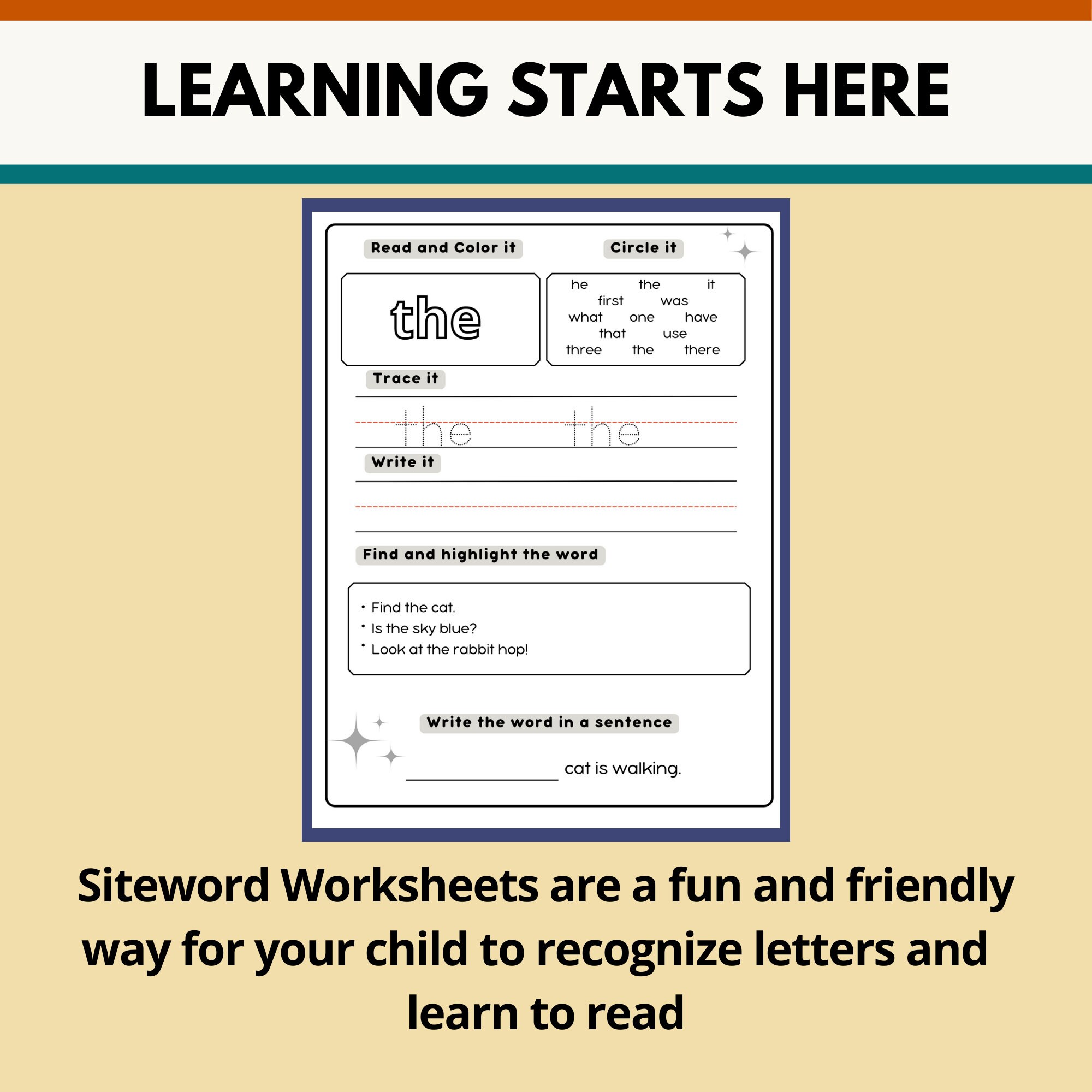 Kindergarten Sight Words Worksheet / Educational Printable / Homeschool ...