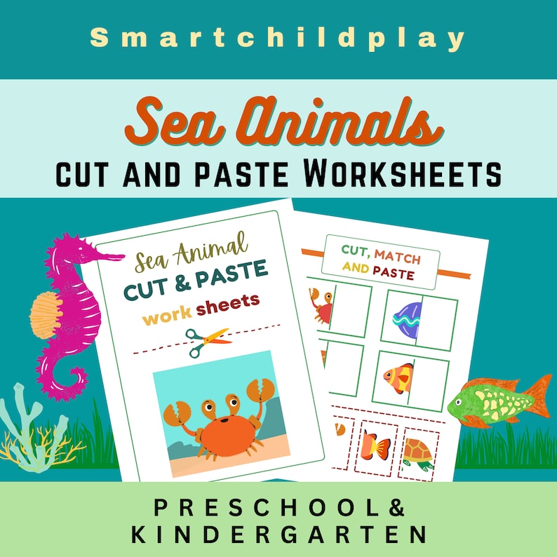 Sea Animal Cut and Paste Worksheets | Prek Kindergarten Printable ...