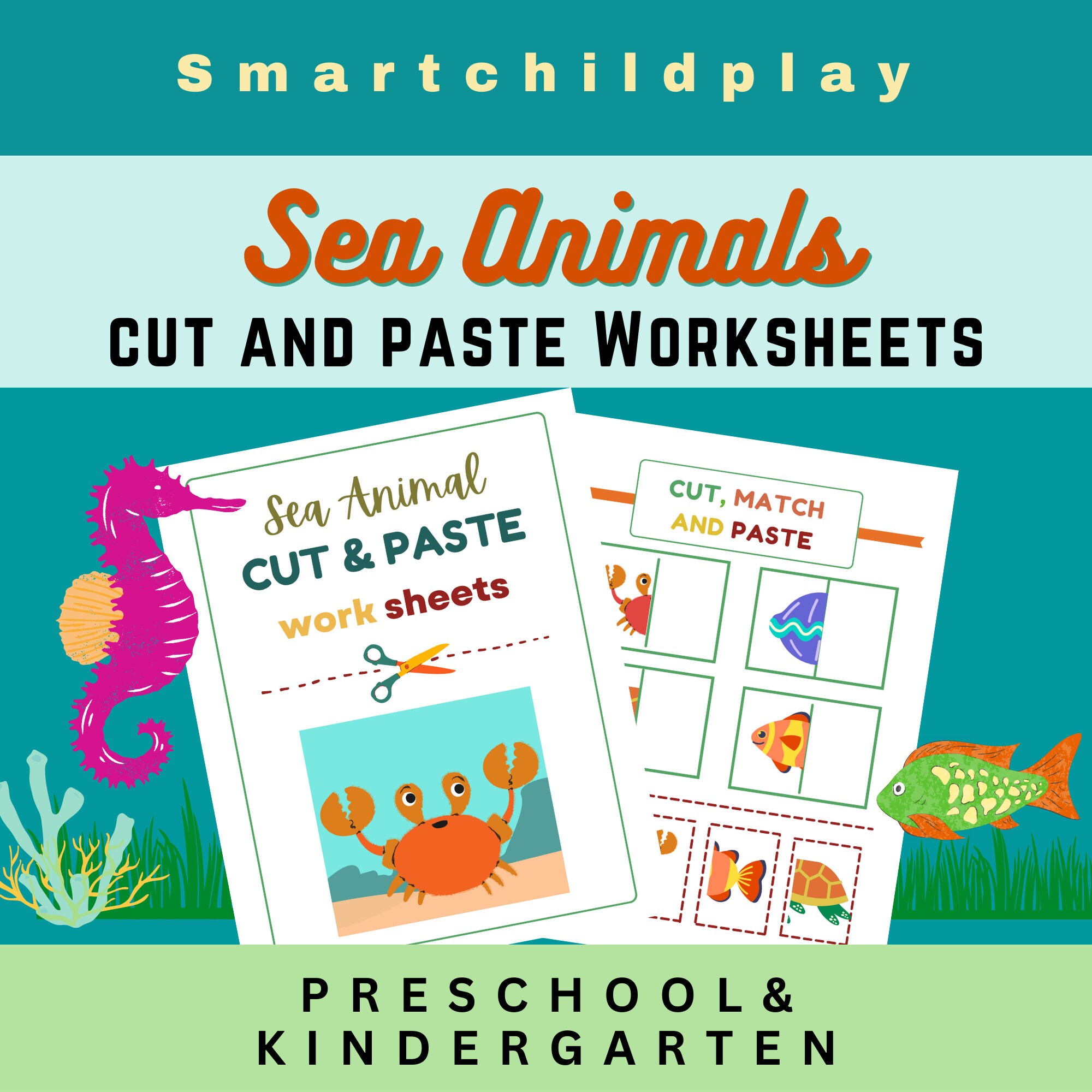 Sea Animal Cut and Paste Worksheets | Prek Kindergarten Printable ...