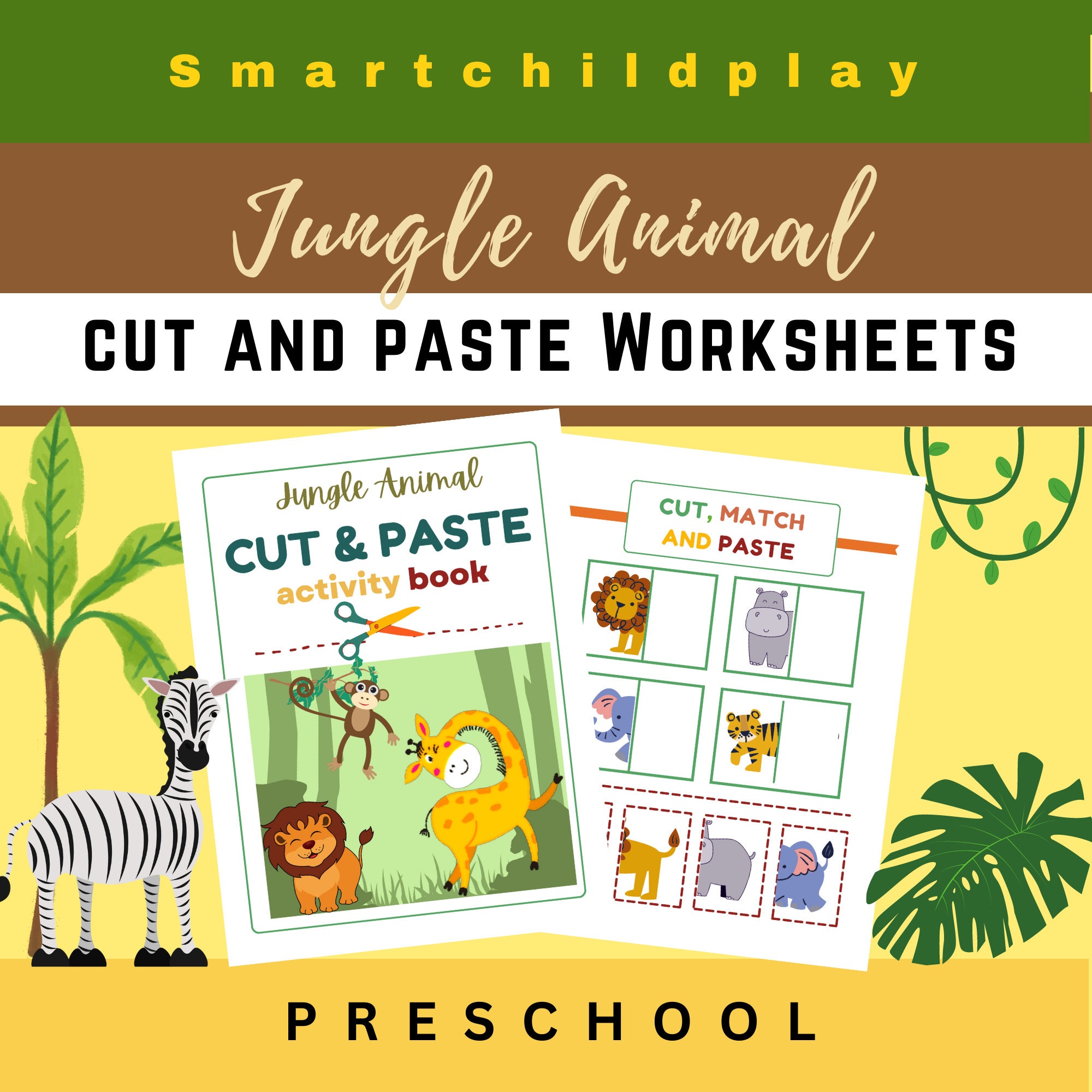 Jungle Animal Cut and Paste Worksheets | Prek Kindergarten Printable ...