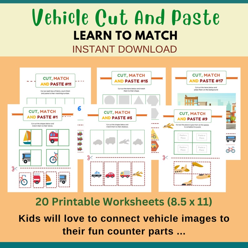Vehicle Cut and Paste Worksheets | Prek Kindergarten Printable ...