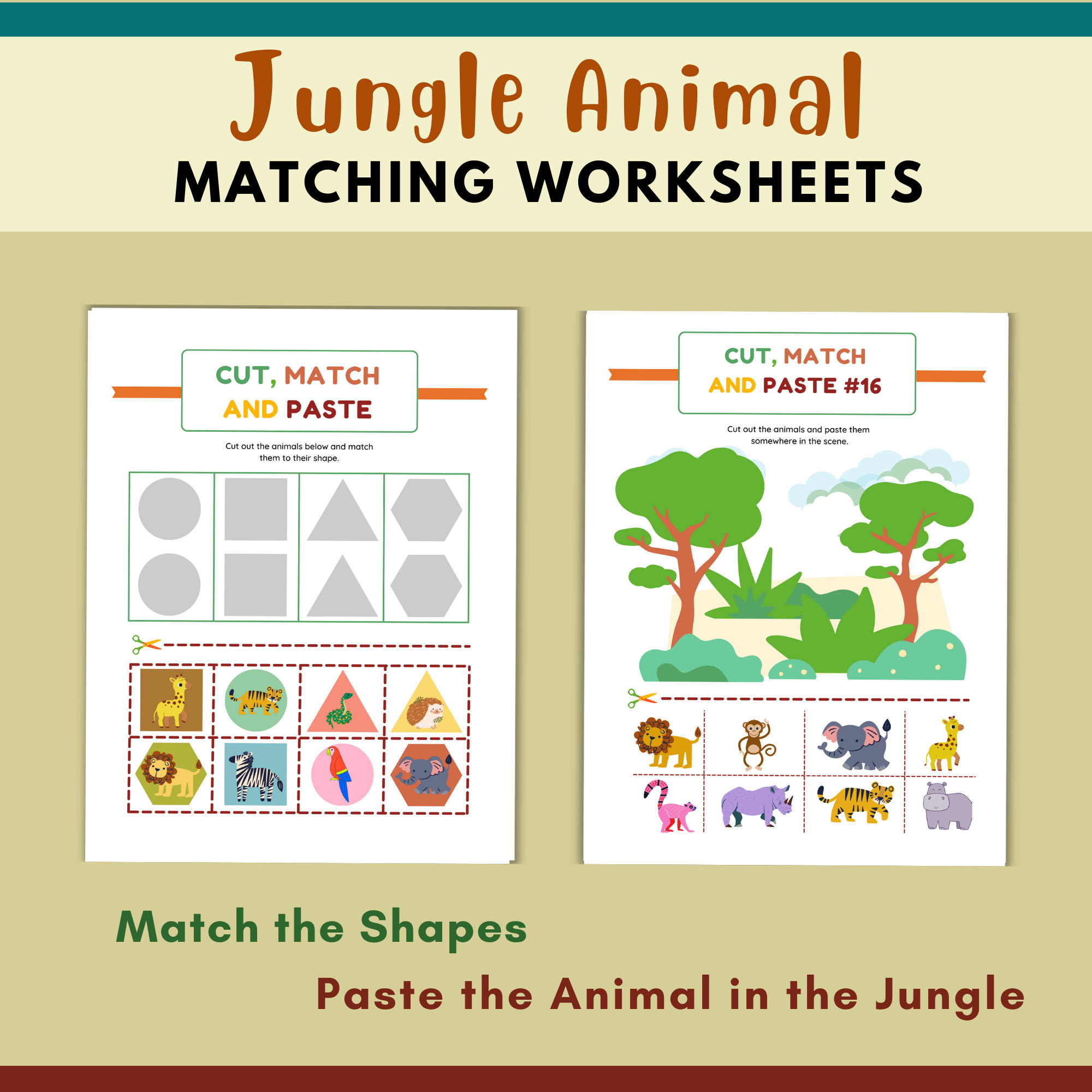 Jungle Animal Cut and Paste Worksheets | Prek Kindergarten Printable ...