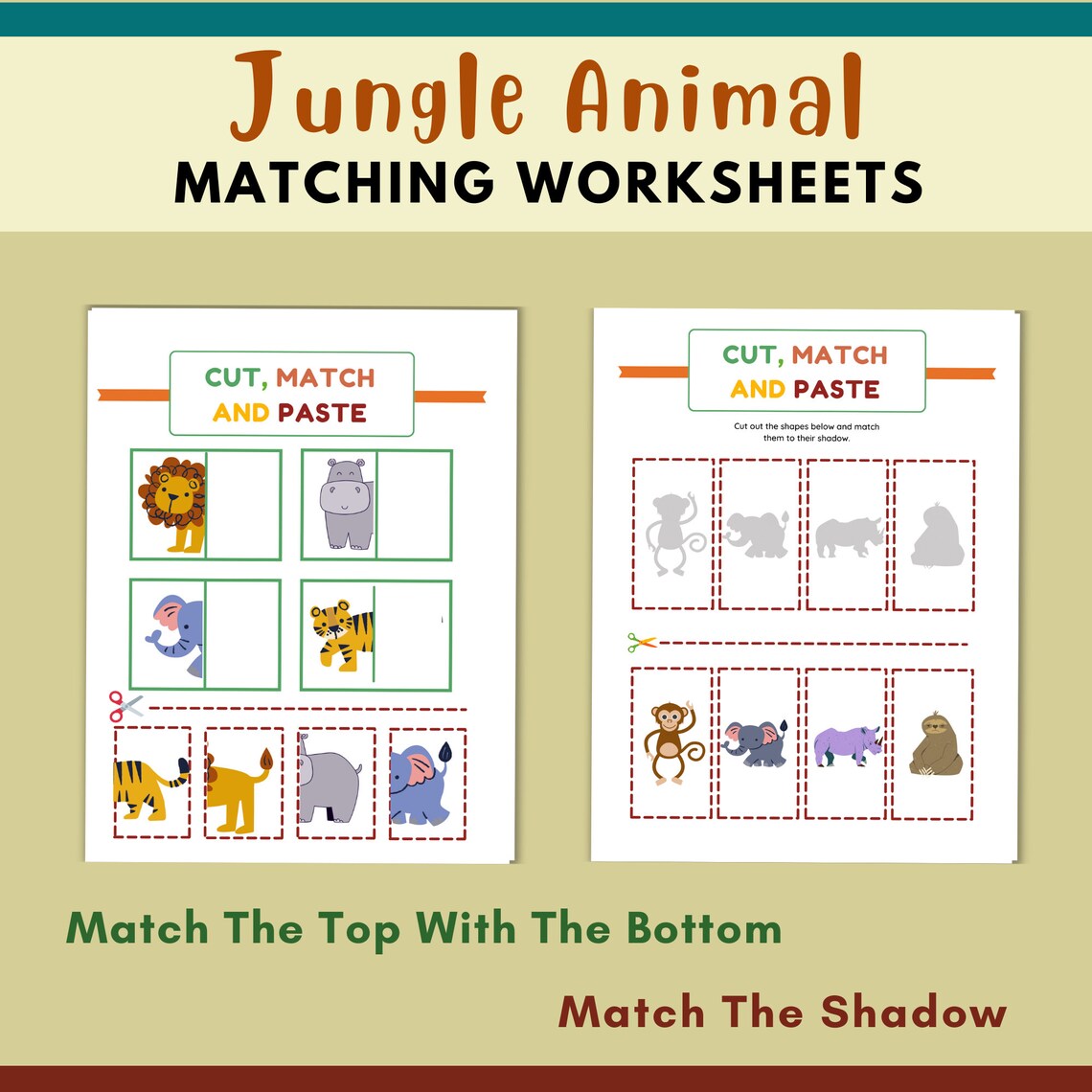 Jungle Animal Cut and Paste Worksheets Prek Kindergarten Printable ...