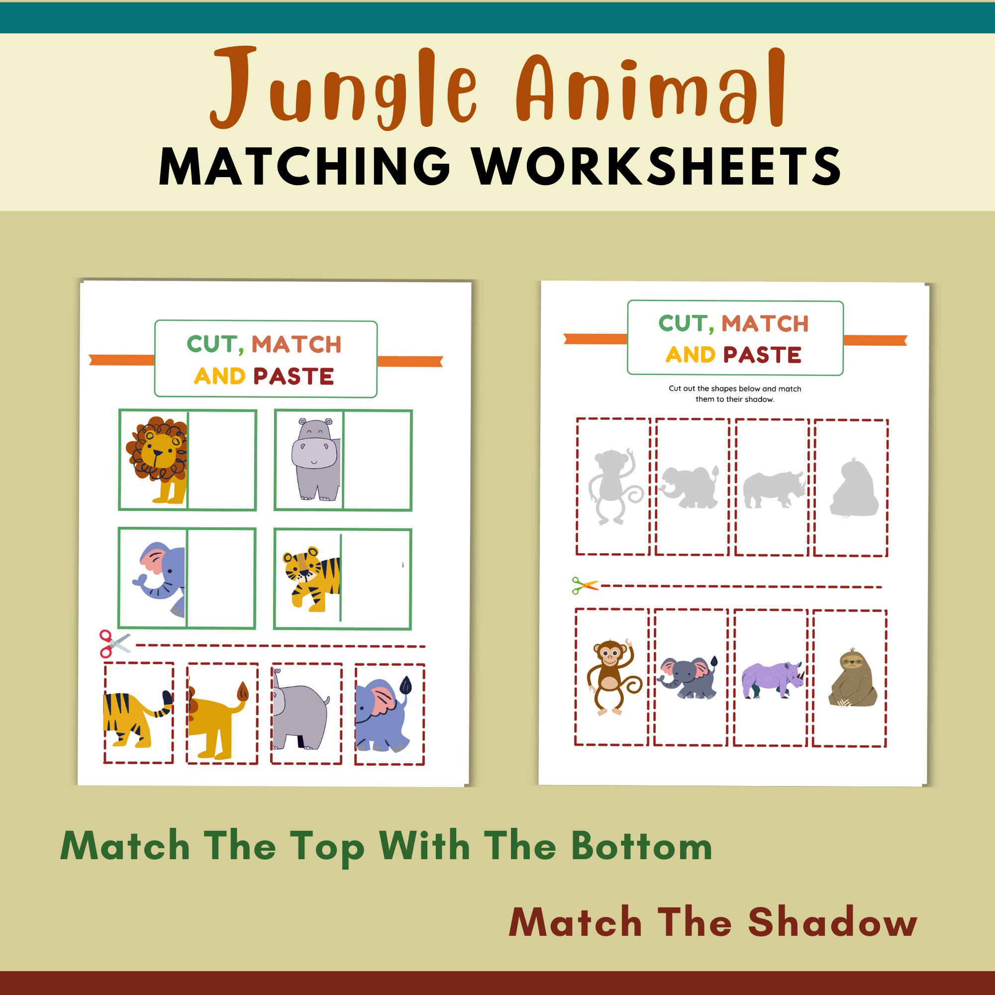 Jungle Animal Cut and Paste Worksheets Prek Kindergarten Printable ...