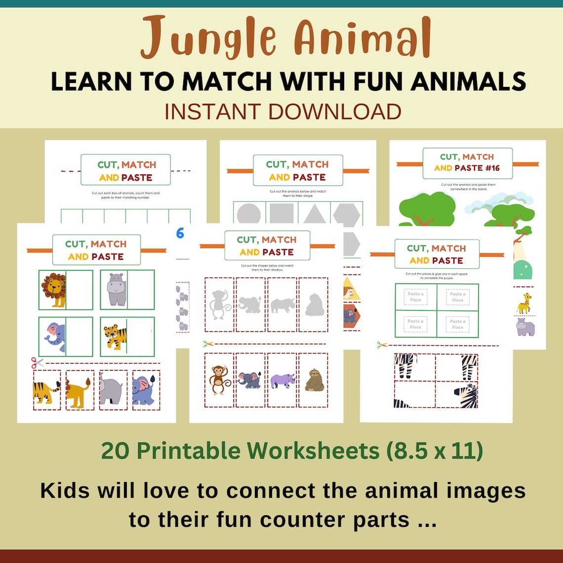 Jungle Animal Cut and Paste Worksheets Prek Kindergarten Printable ...