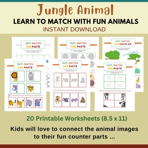 Jungle Animal Cut and Paste Worksheets Prek Kindergarten Printable ...