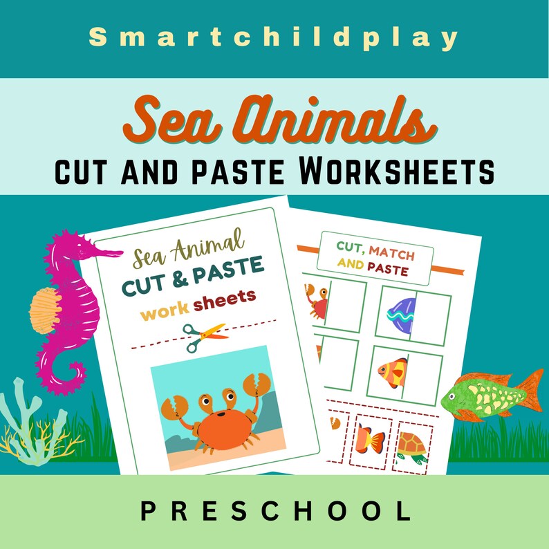 Sea Animal Cut and Paste Worksheets | Prek Kindergarten Printable ...