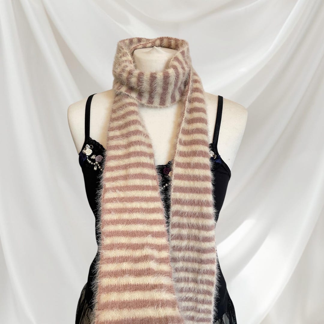 Striped Faux Fur Skinny Scarf - Soft Cosy Retro Y2k Style, Jfashion ...