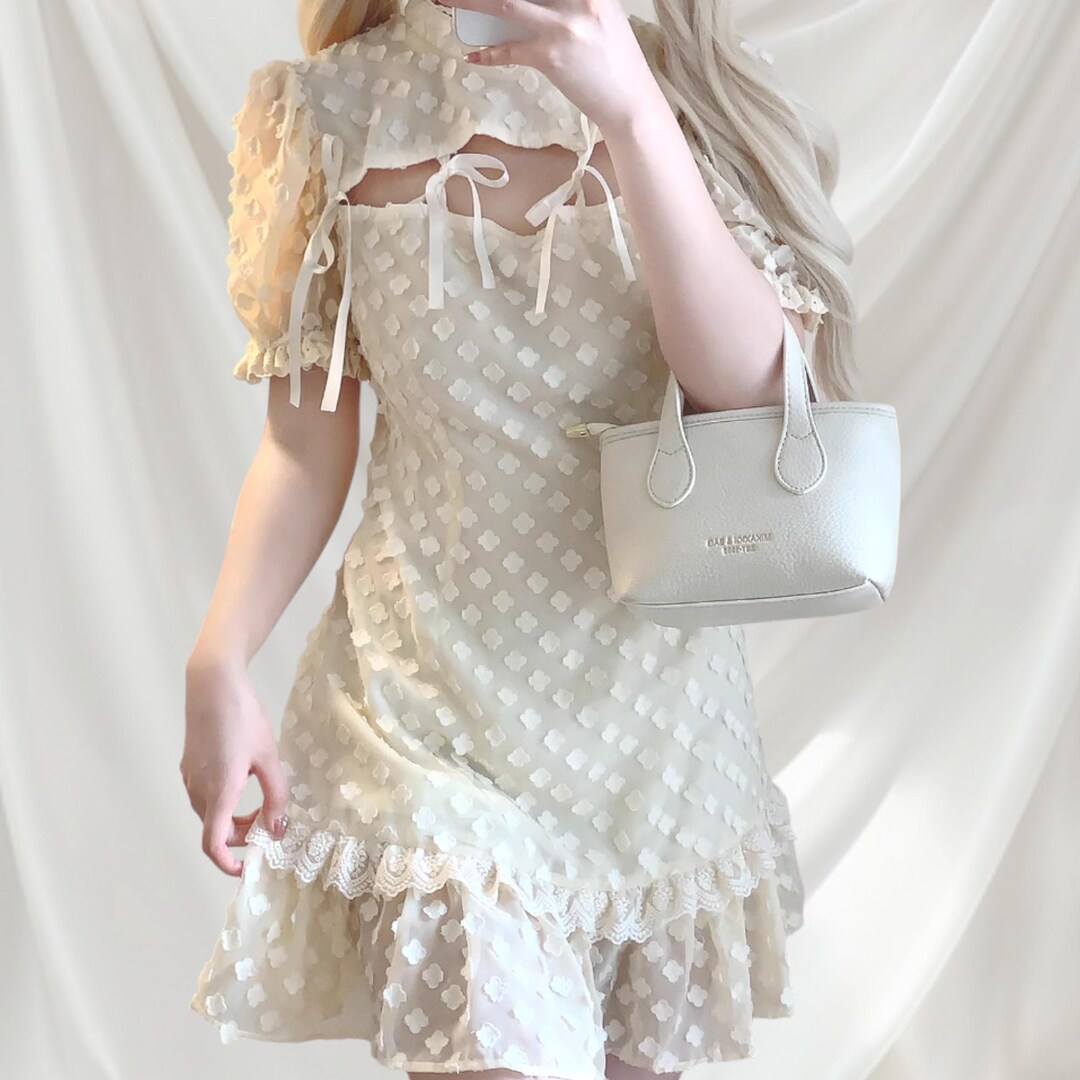 Romantic Japanese-style Cream Lace Dress With Textured Polka Dot Puff ...