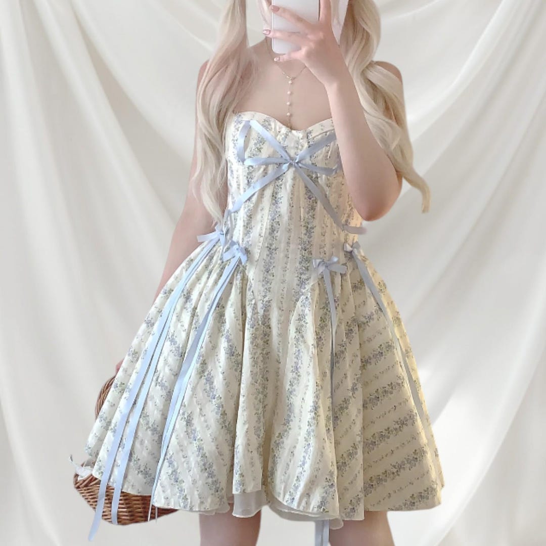 Cotton Dress Floral Dress With Pastel Blue Ribbon Accents Kawaii ...