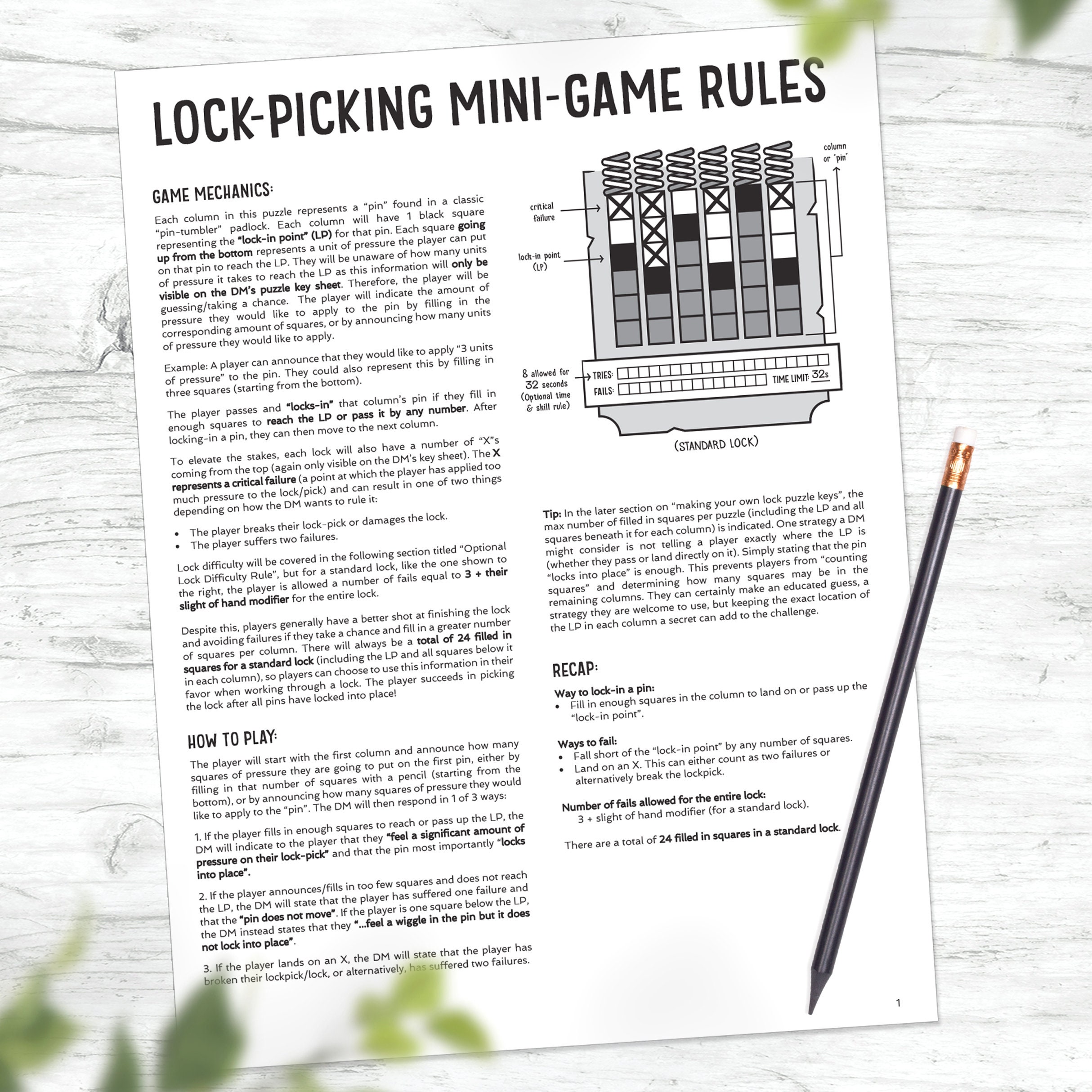 D&D Lock-picking Mini-game / Dungeons and Dragons Printable / Dnd ...