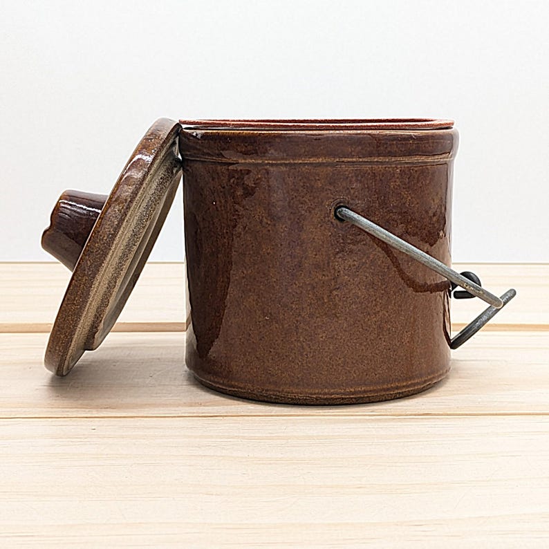 Vintage Brown Glazed Ceramic Crock Jar With Wire Bail Handle & Lid ...