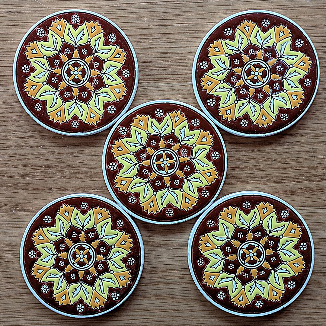 1960s Handmade Greek Ceramic Tile Coasters Set of 5 - Vintage Mosaic ...