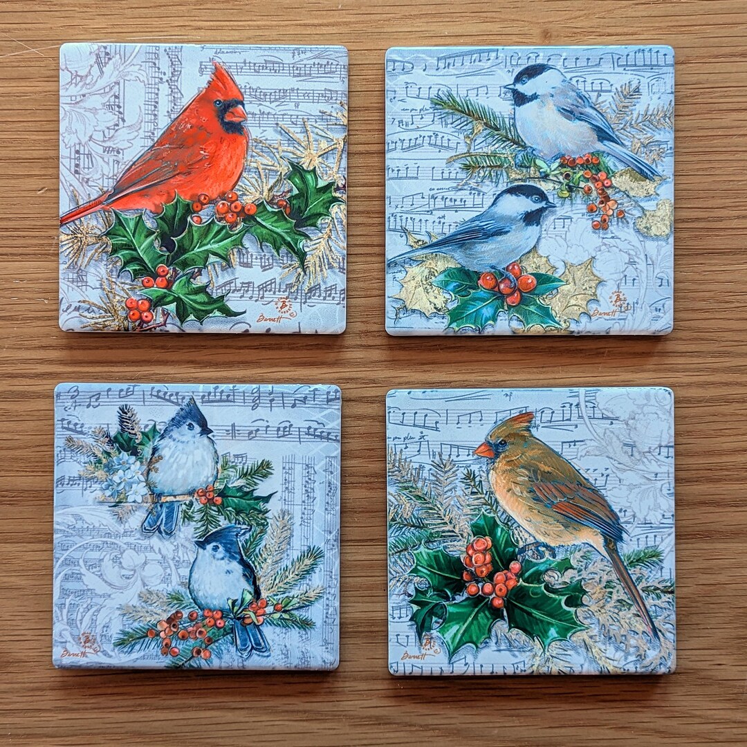 Vintage Chad Barrett Winter Songbird Coasters | Cardinal, Chickadee ...