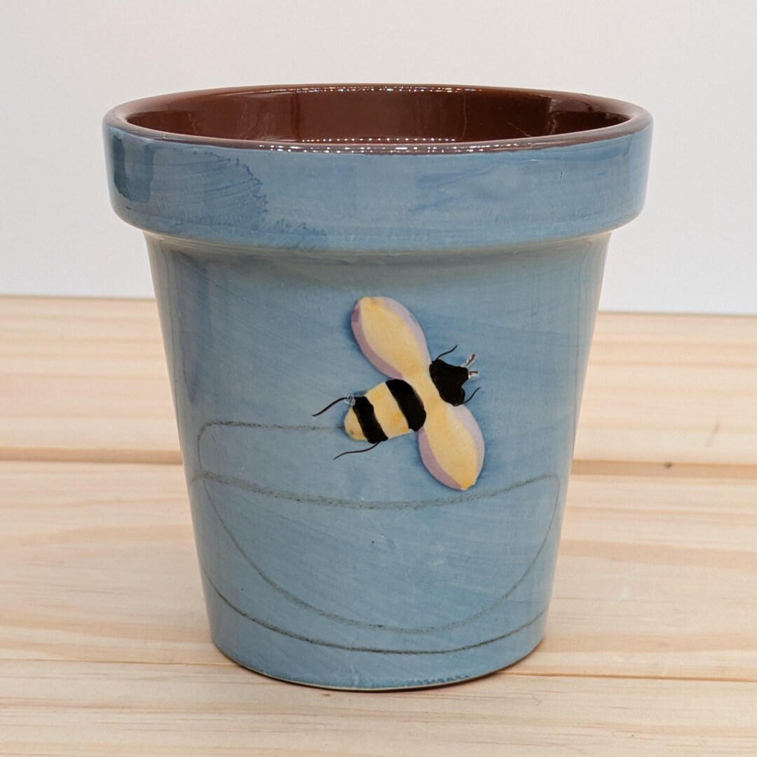 Pottery Barn Appliqué Bee Planter - Light Blue Glazed Ceramic Pot With ...