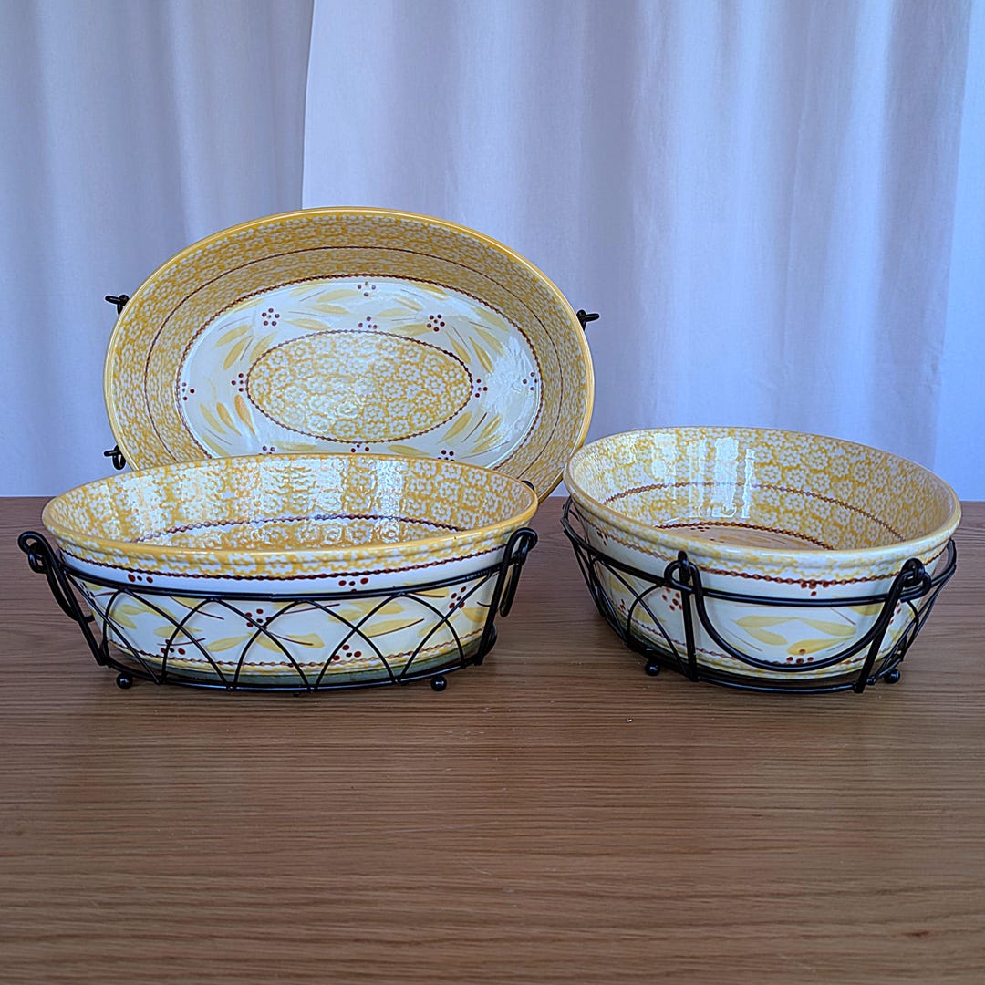 Temp-tations Old World Yellow Oval Stoneware Baker With Metal Stand - Etsy