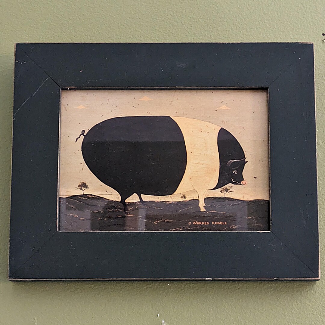 Vintage Warren Kimble Black and White Pig Folk Art Canvas Print Framed ...