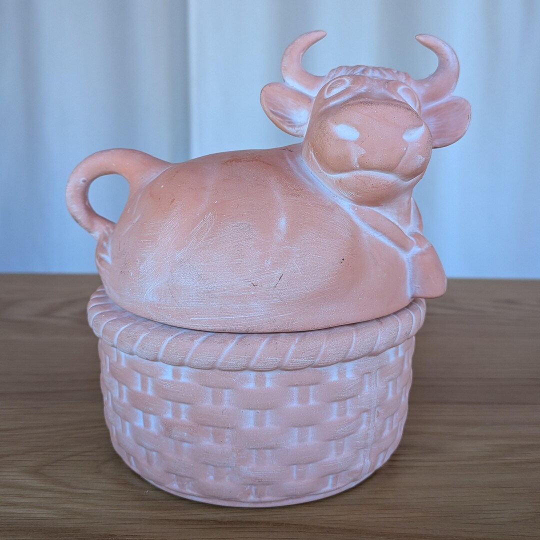 Vintage Brique Ware Terracotta Cow Butter Dish, Pink Basket Weave Base ...
