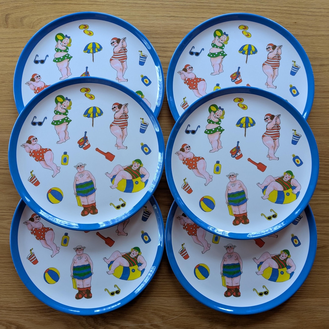 Vintage Melamine Plates Set – 1970s Whimsical Beachgoers Tableware - Etsy