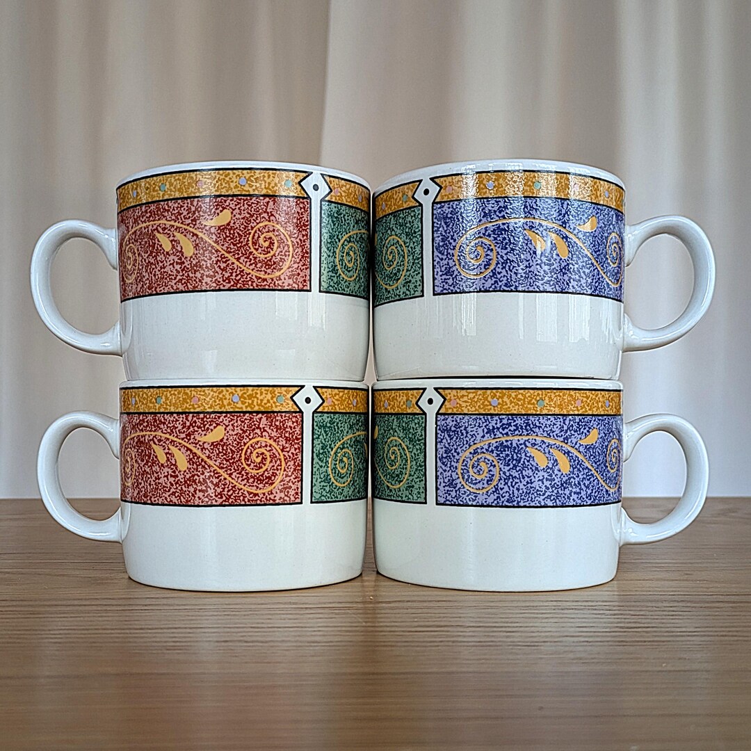 Vintage Oneida Stoneware Mugs (set of 4) - Persia Pattern Kitchen Decor ...