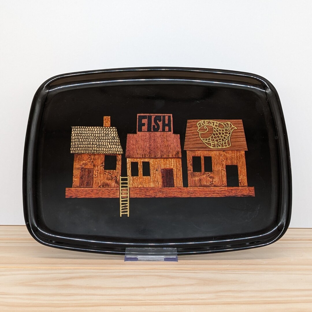 Vintage Couroc Mid-century Black Inlay Lacquer Tray - Folk Art Fishing ...