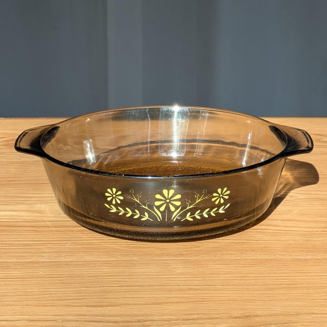 Vintage 1970s Glasbake Brown Glass Casserole Dish, Yellow Daisy Floral ...