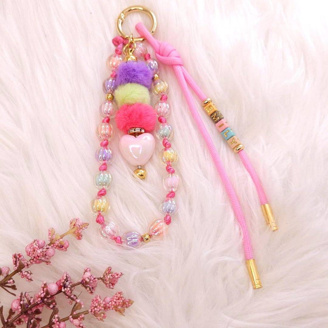 Personalized Cute Colorful Beaded & Plush Hologram Heart Keychain and ...