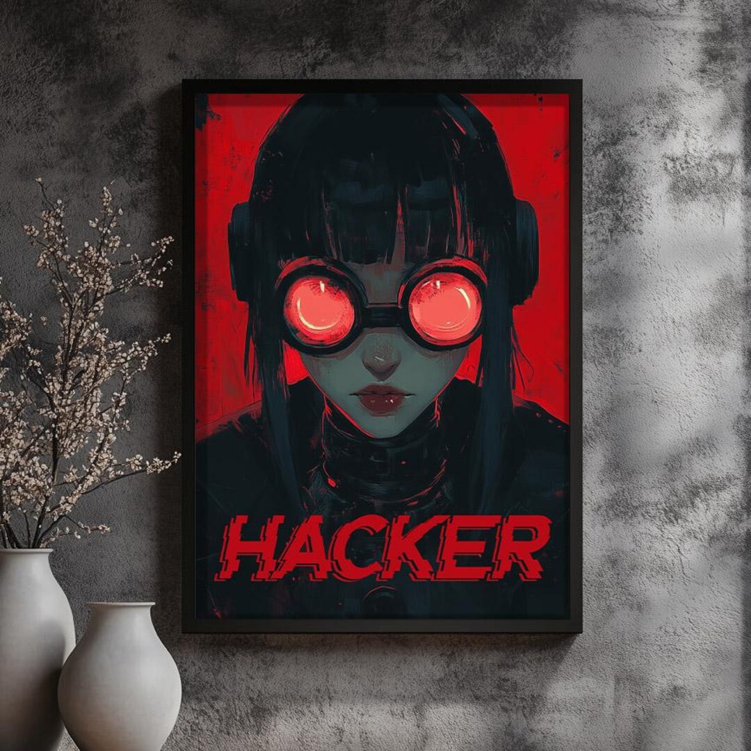 Art Print - Cyber Hacker Girl, Neon Red Glow - Etsy