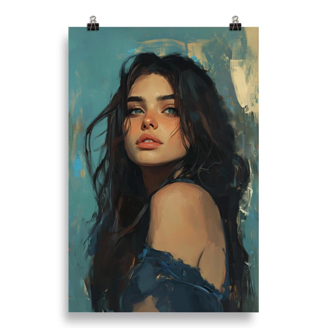 Art Print - Ethereal Muse: Captivating Blue-eyed Beauty in a Dreamy Oil ...