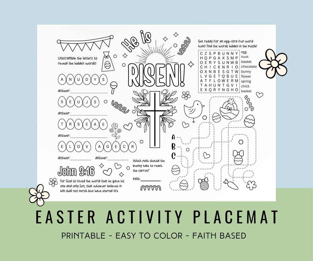 Easter Activity Placemat Printable, Coloring Page, Sunday School, Kids ...