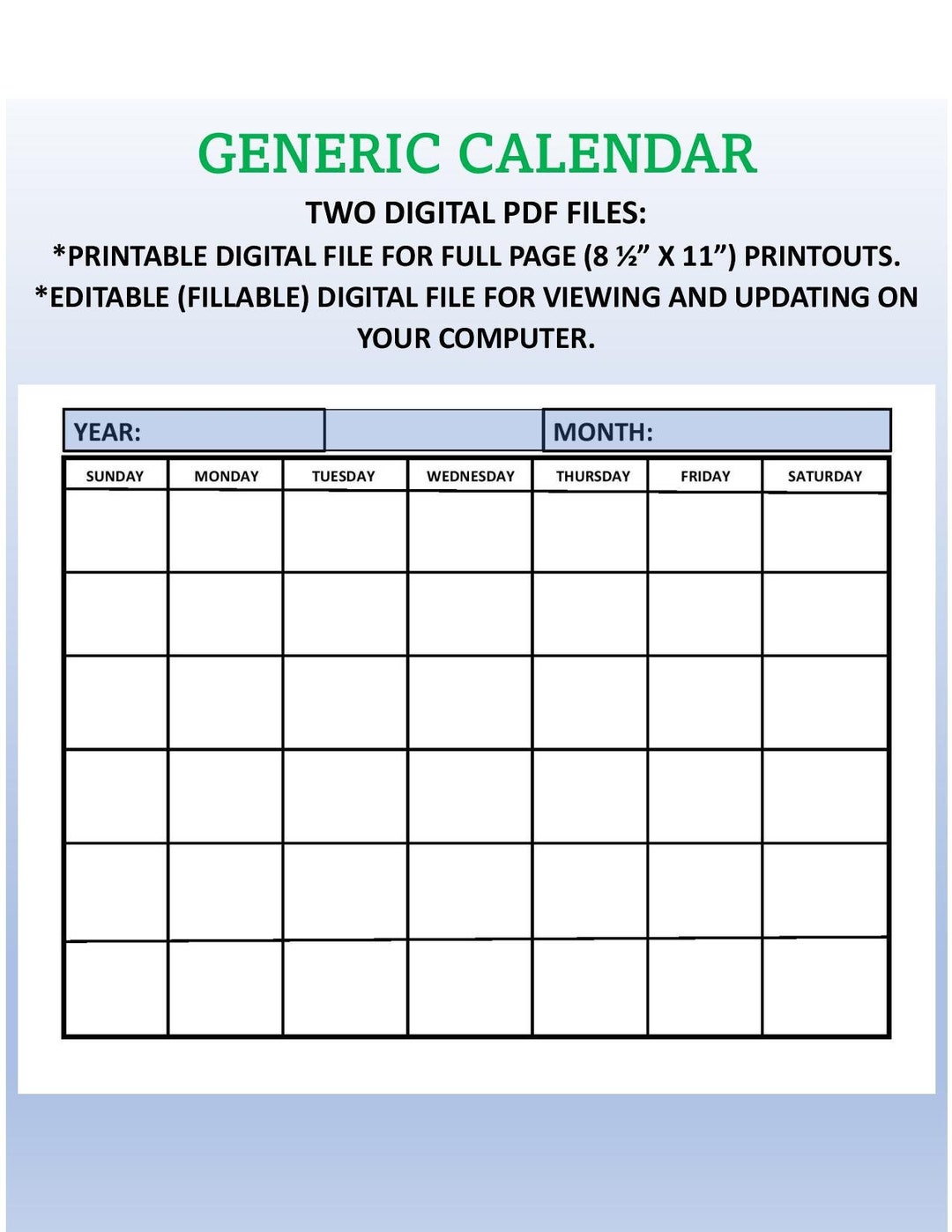 Printable Blank Calendar. Blank Calendar. - Etsy