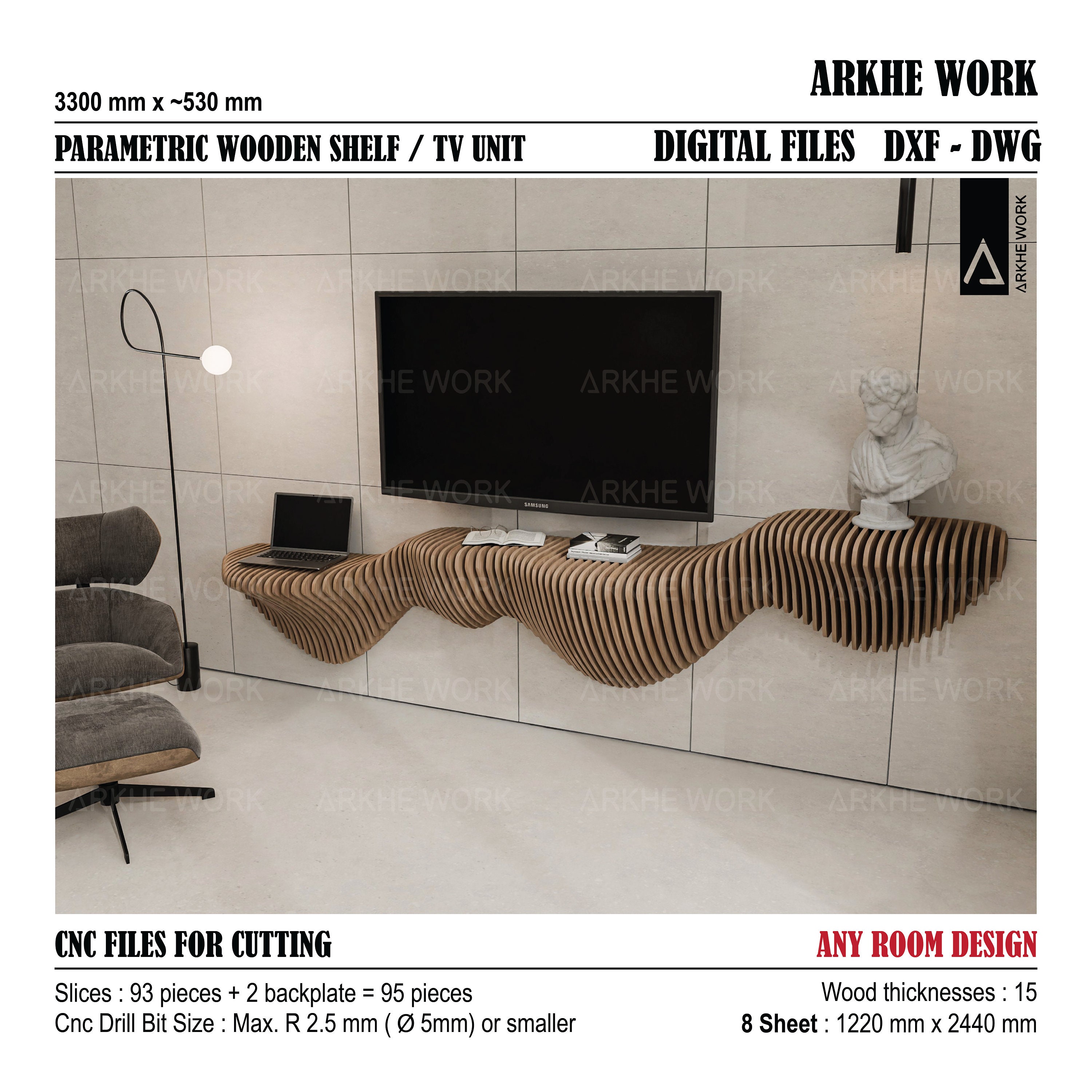 Parametric Wavy Shelf / TV Unit | Modern CNC Wall Decor Wood Cutting ...