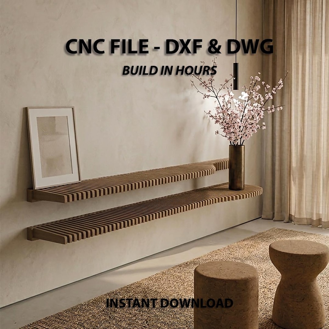 Floating TV Unit CNC Files, Japandi Wall Shelf DXF, Parametric Plywood ...