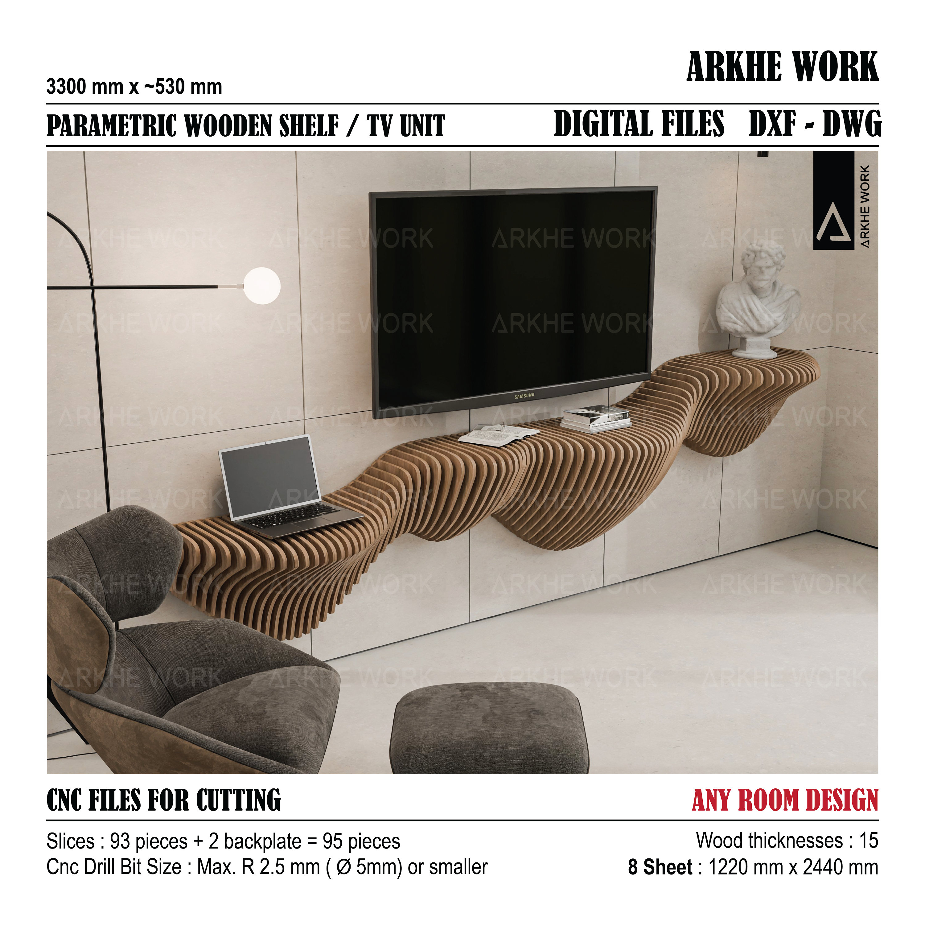 Parametric Wavy Shelf / TV Unit | Modern CNC Wall Decor Wood Cutting ...