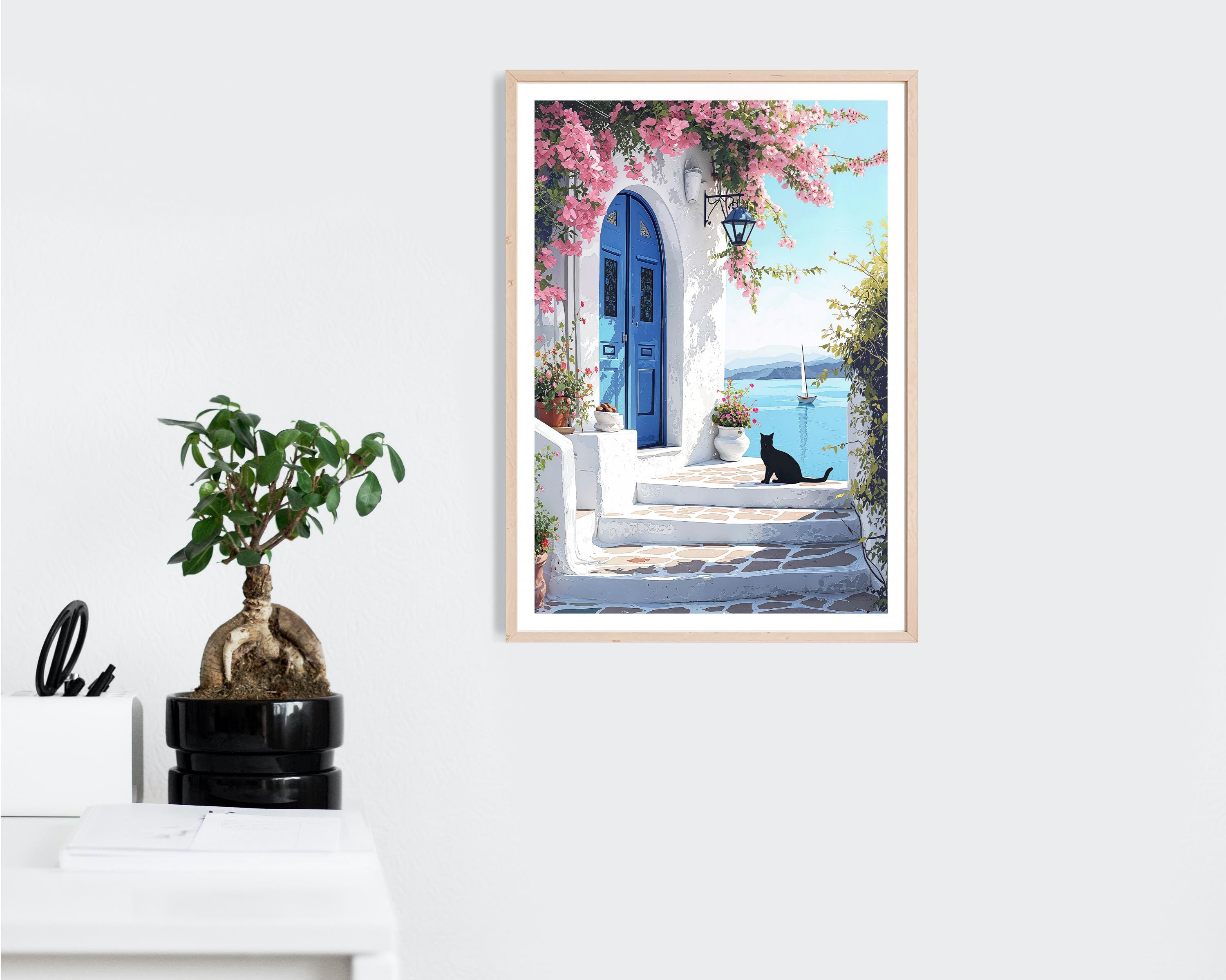 Santorini Cat Print: Greek Door, Pink Flowers, Ocean View - Etsy