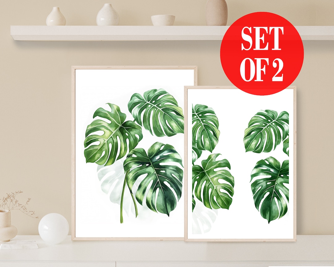 Set of 2 Monstera Prints, Green Leaves Wall Art, Botanical Artwork ...