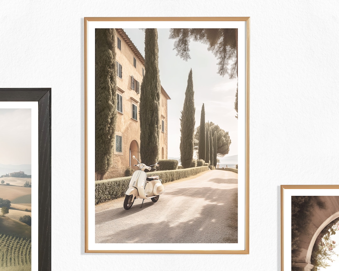 Tuscany Vespa Print (P), Cypress Trees Poster, Mediterranean Landscape ...